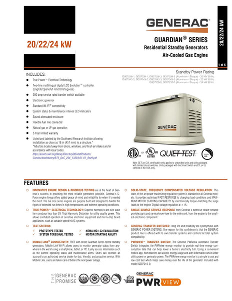 GENERAC 7043-2 22kw Guardian Home Backup Generator, Transfer Switch In ...